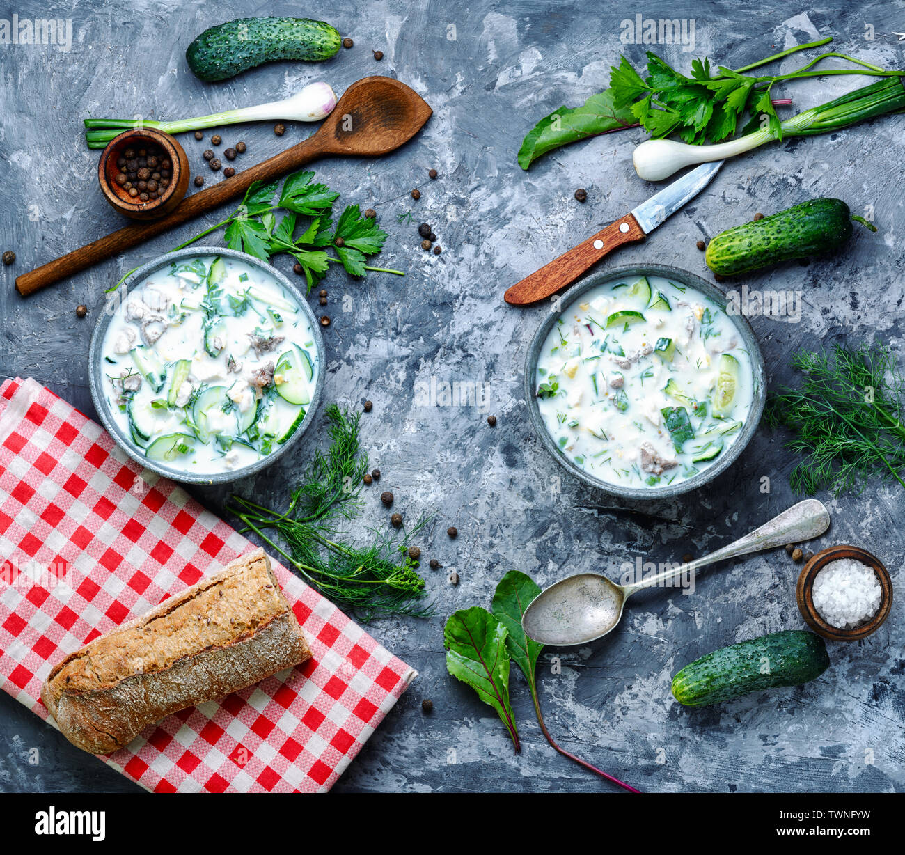 Summer cold soup.Okroshka.Vegetable cold soup.Russian food.Traditional ...