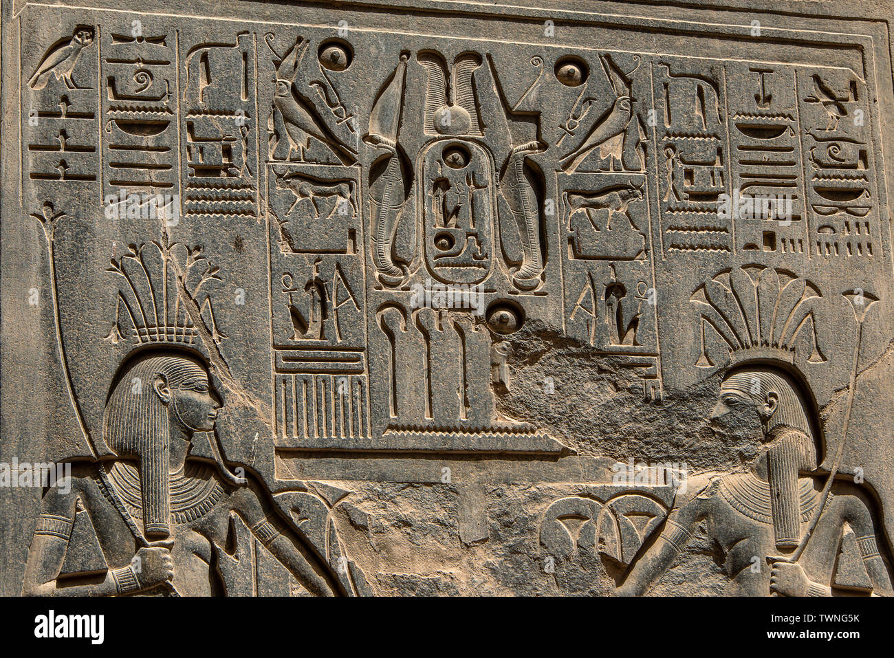 Ancient hieroglyphs and relief engravings carved into a stone wall at ...