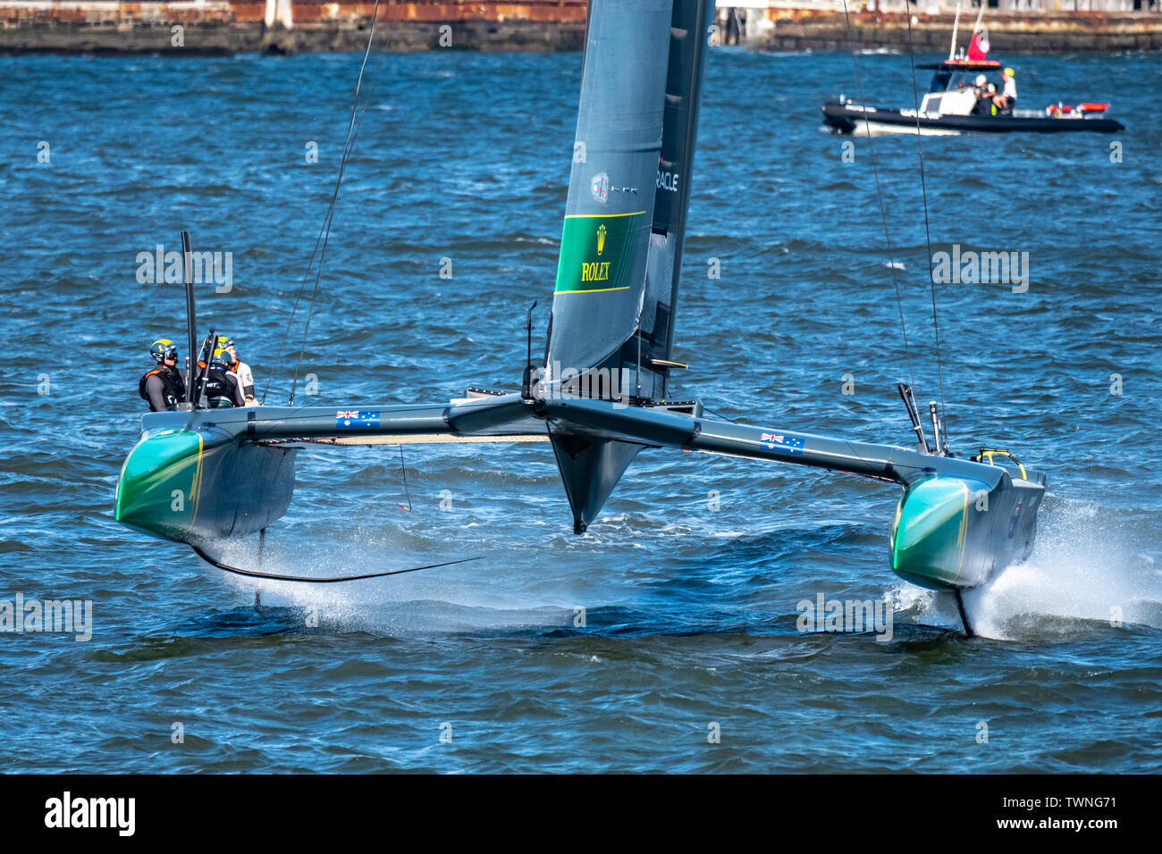 New York, USA, 21 June 2019. Team Australia SailGP F50 catamaran races ...