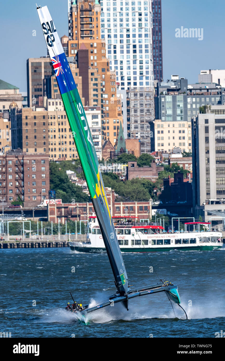 New York, USA, 21 June 2019. Team Australia SailGP F50 catamaran races ...