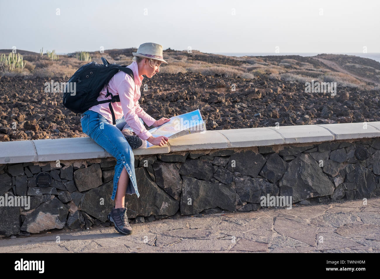 Travel and independence people concept with blonde beautiful adult ...