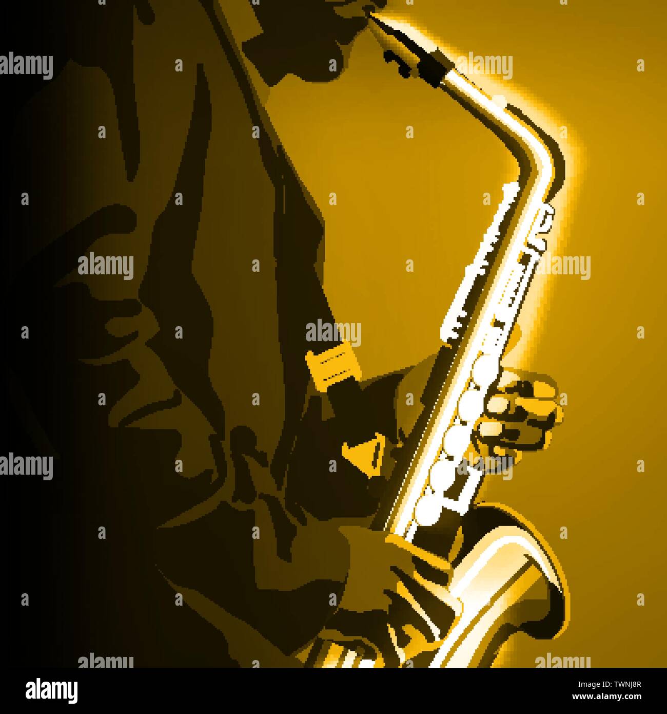 abstract music illustration with saxophone player on golden background ...