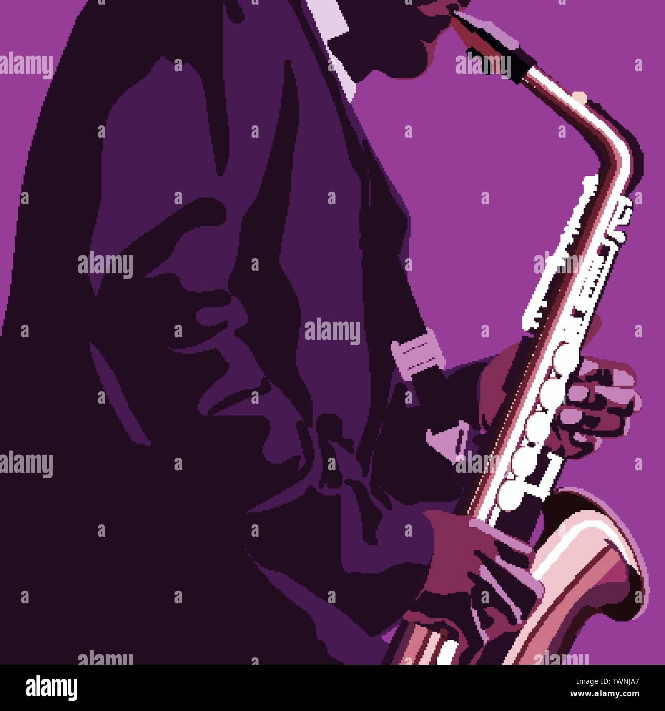abstract music illustration with saxophone player on violet solid ...