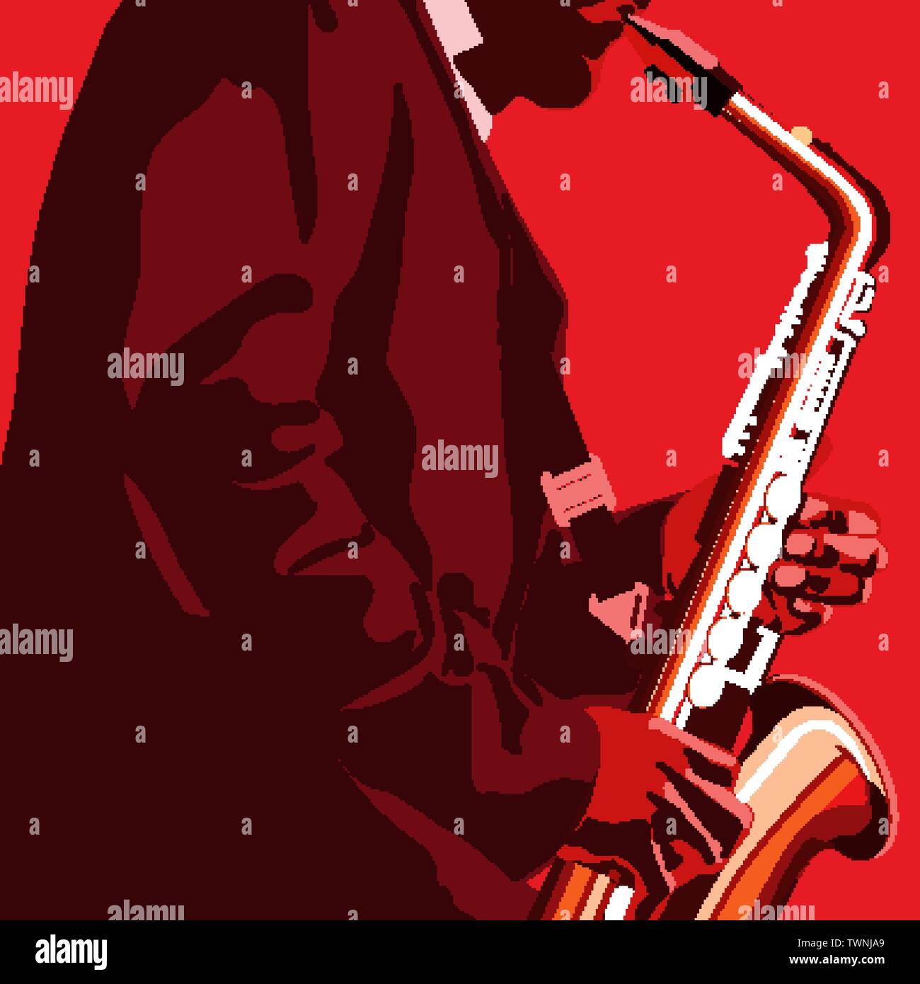 abstract music illustration with saxophone player on red solid ...
