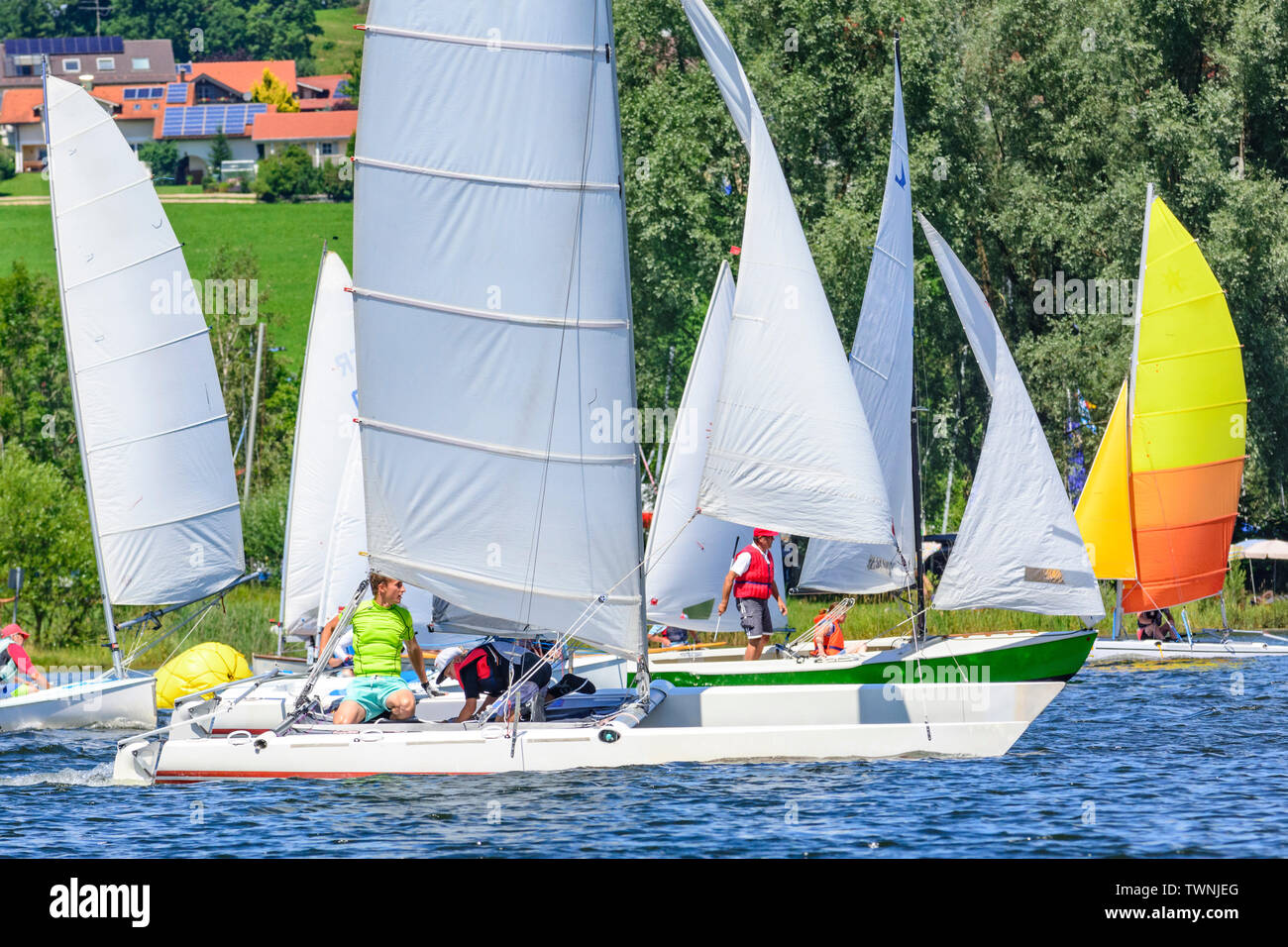Catamaran sailing on inland lake in summertime Stock Photo - Alamy