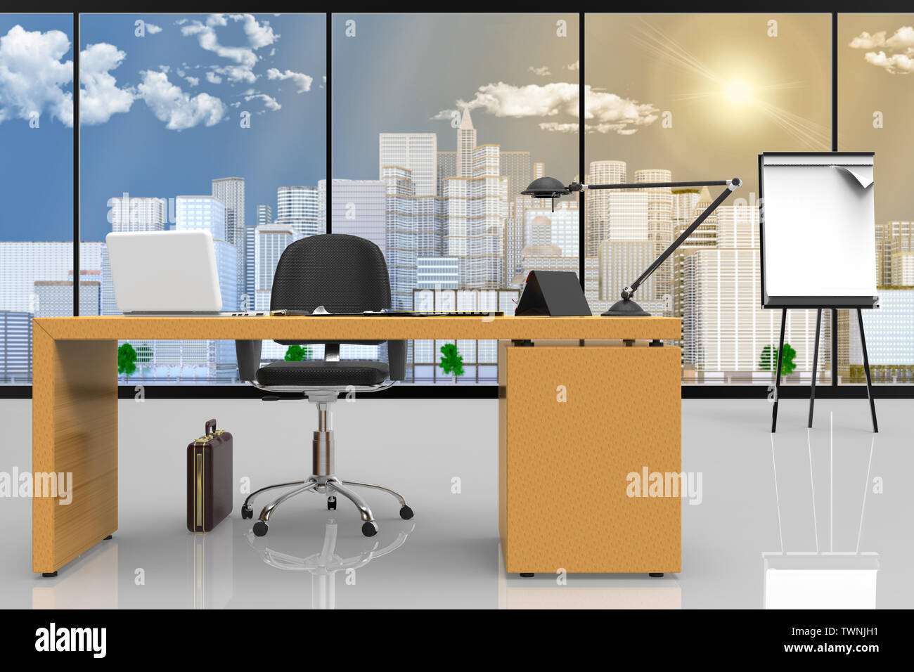 3D illustration. Office interior, with desk and computer. In the ...