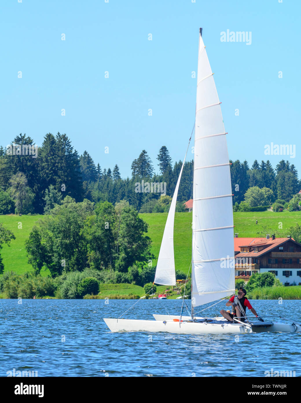 Catamaran sailing on inland lake in summertime Stock Photo - Alamy