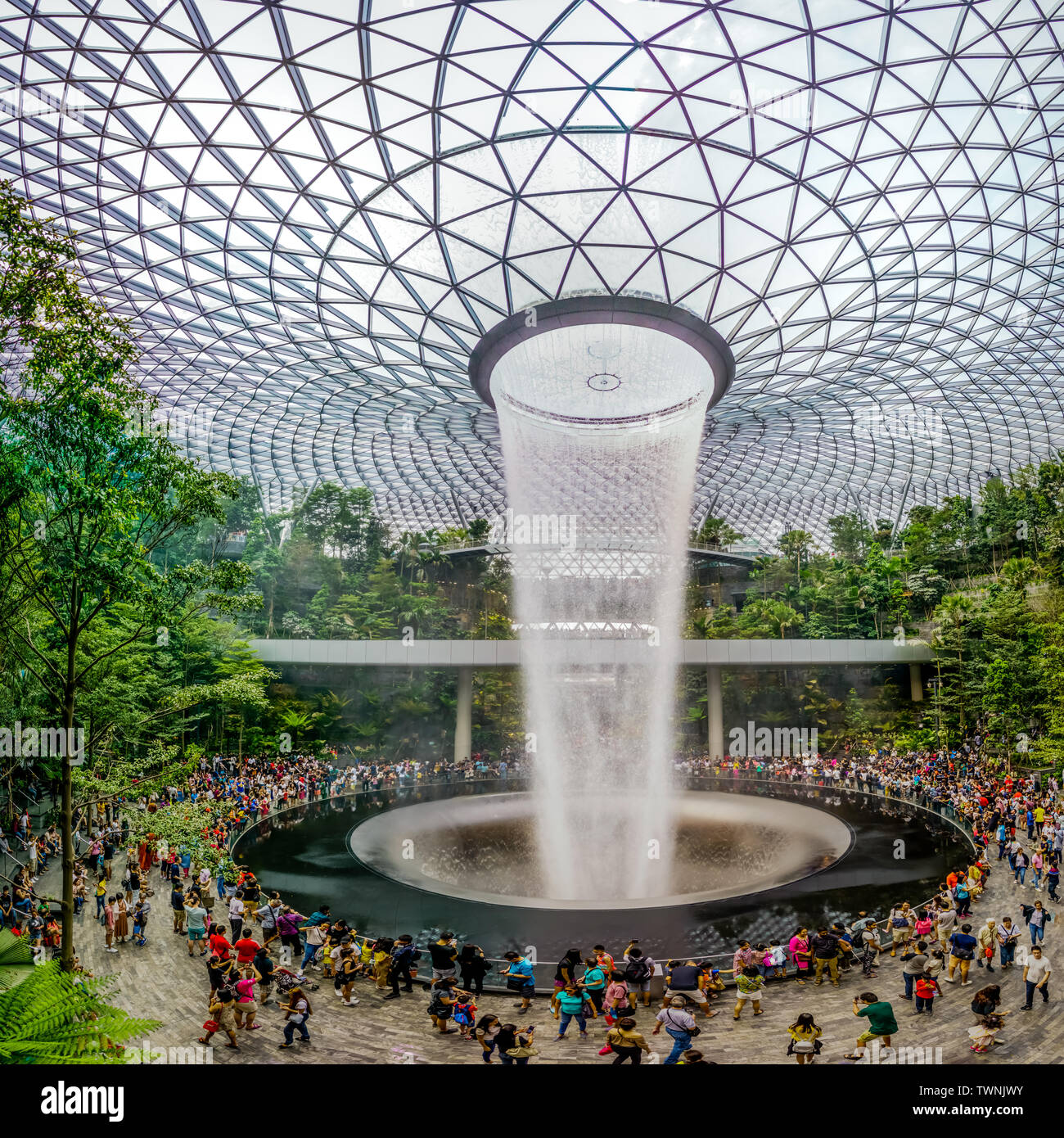 Singapore - May 1, 2019: HSBC Rain Vortex. Jewel Changi Airport is a mixed-use development at ...