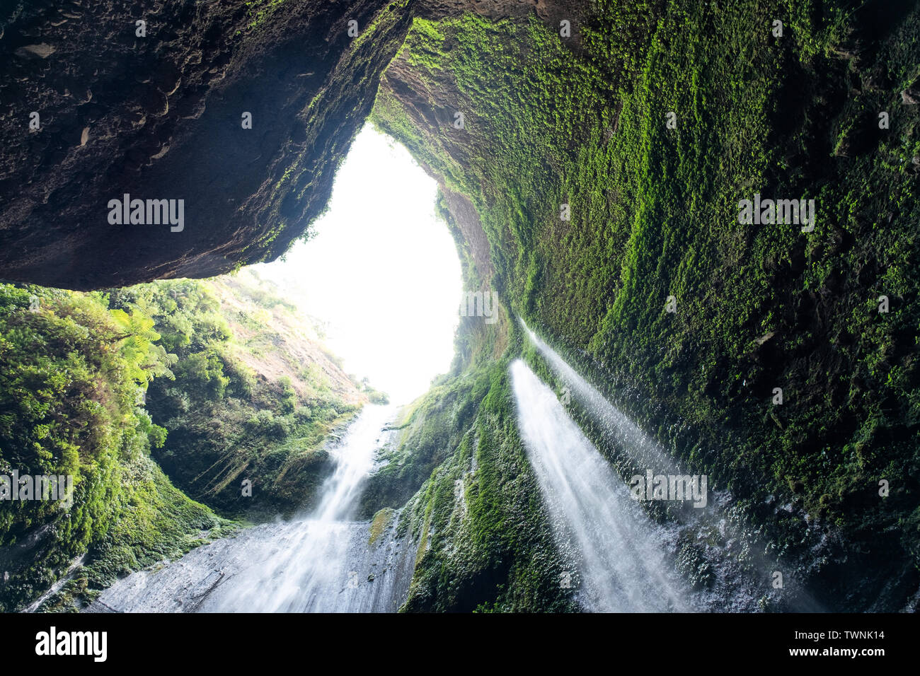 Majestic waterfall flowing on rocky cliff in tropical rainforest ...