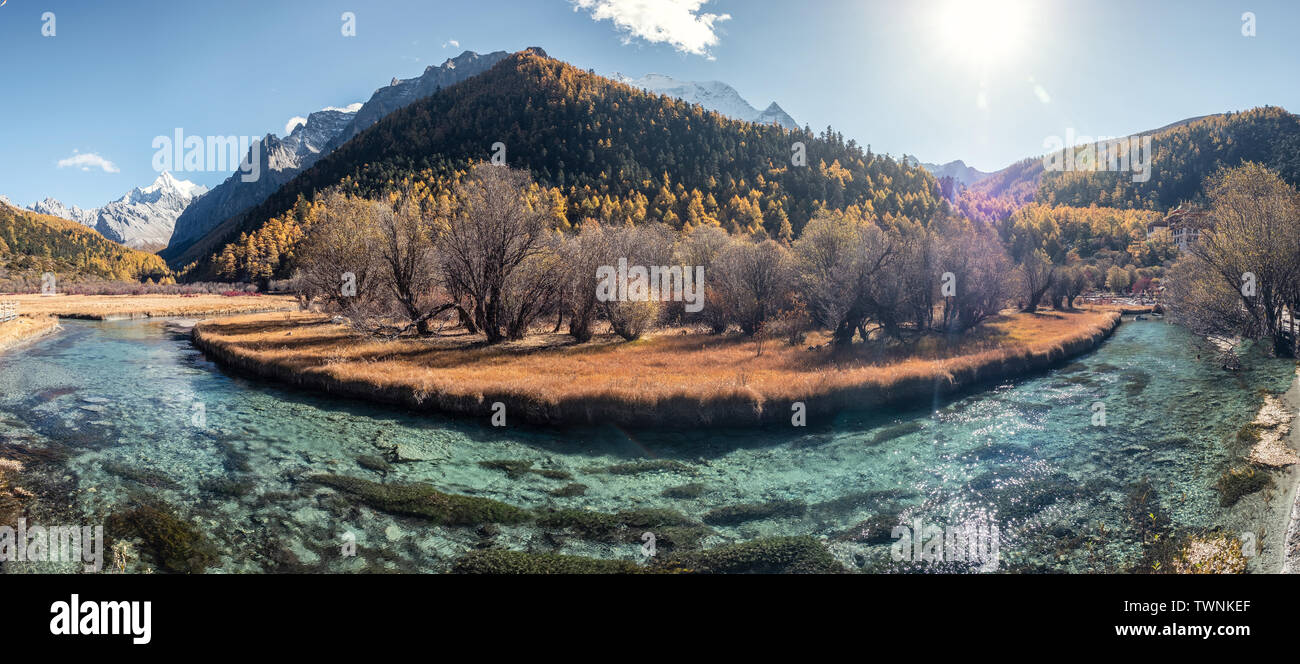 Panorama of Xiaoduo holy mountain with Chonggu temple with emerald ...
