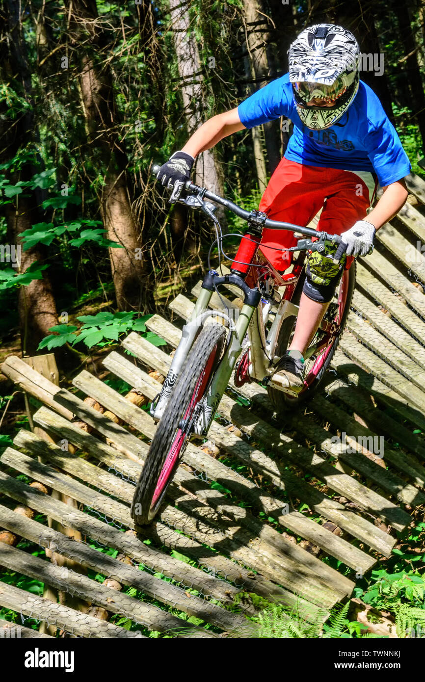 Mountainbike riders doing a courageous downhill on forest trails Stock ...