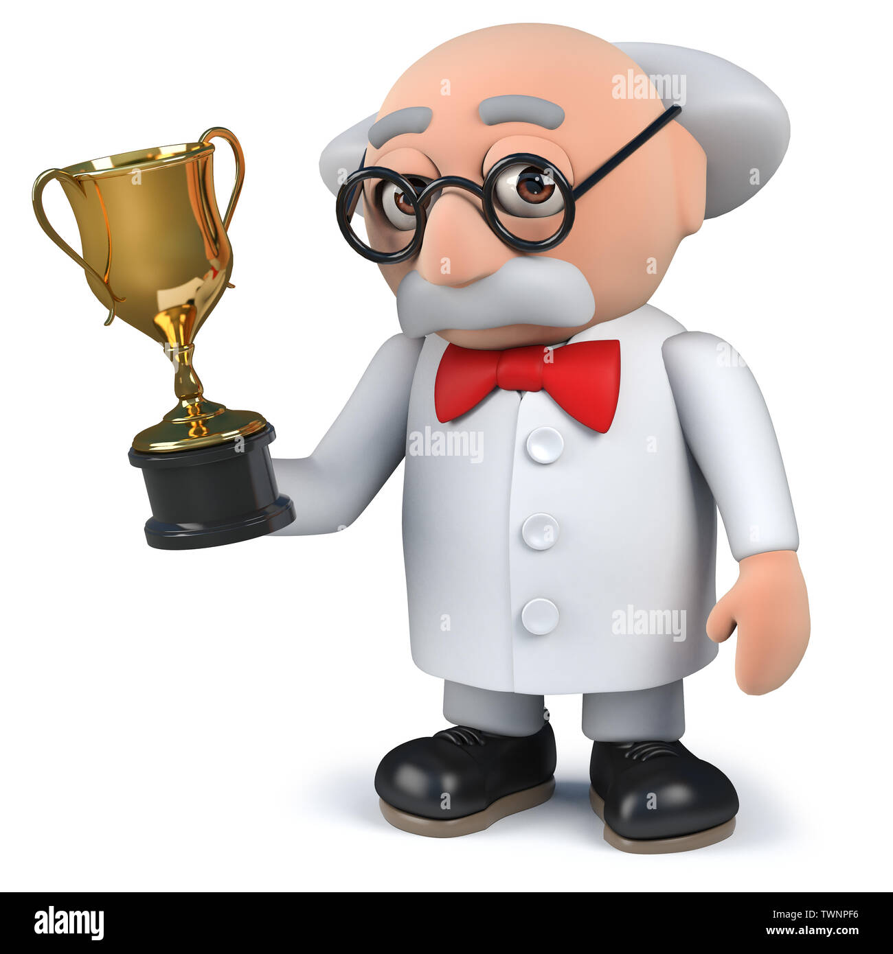 Render of a 3d mad scientist holding a gold cup trophy award Stock ...