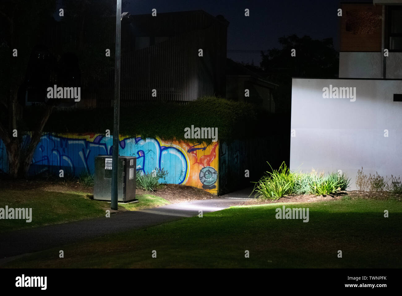 Streetlight shining on graffiti in an urban park at night Stock Photo ...