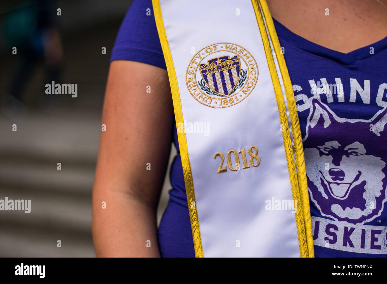 Girl holding sash at University of Washington Graduation Stock Photo ...