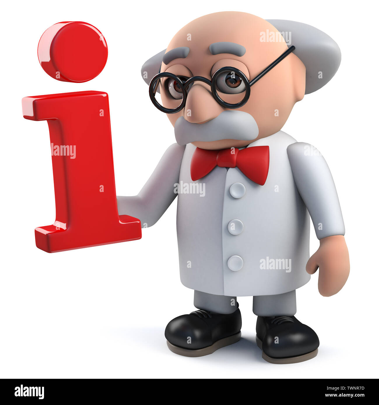 Render of a 3d mad scientist character holding an information symbol ...