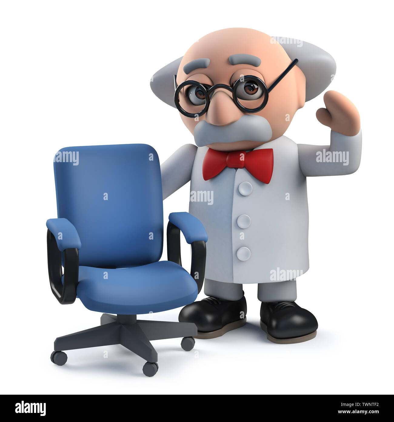 Render of a mad scientist character standing next to an empty office ...
