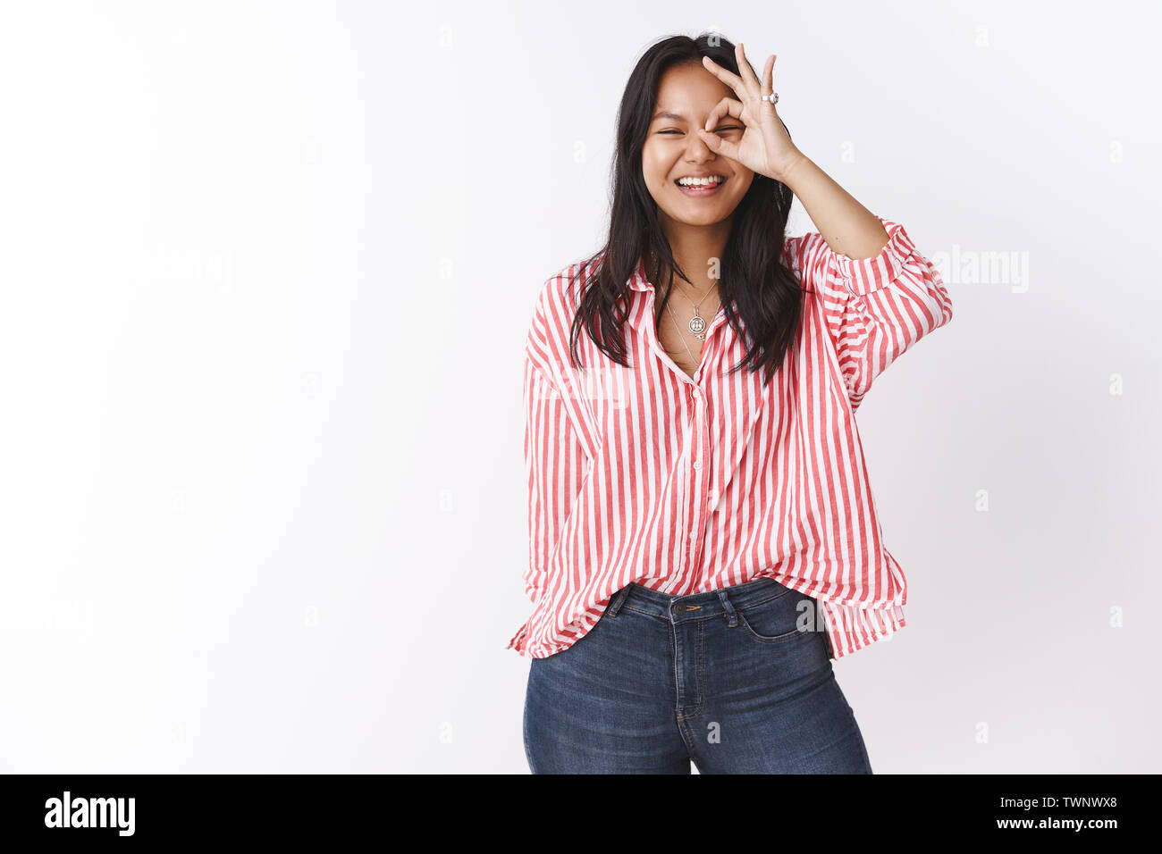 Brighten up day with pure laugh and smiles. Portrait of carefree amused ...