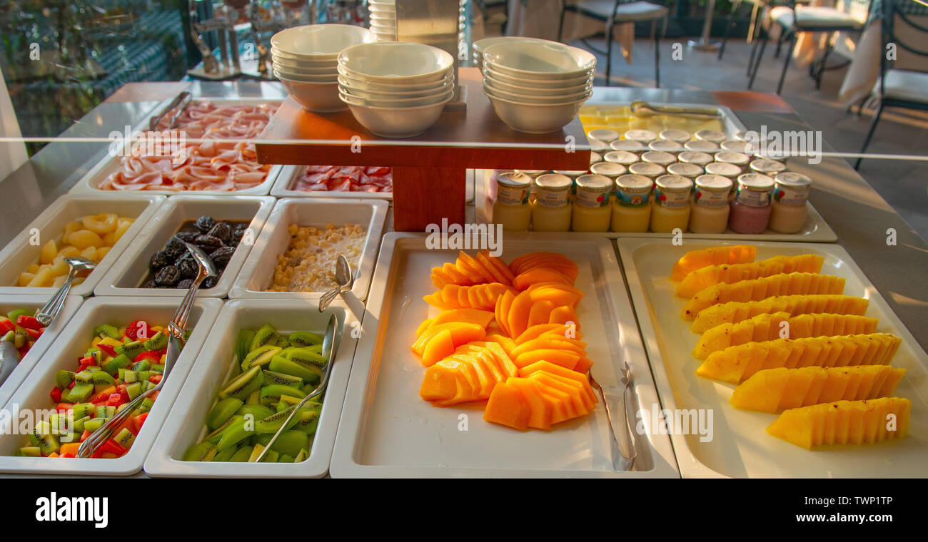 Buffet table for breakfast at the hotel Stock Photo - Alamy