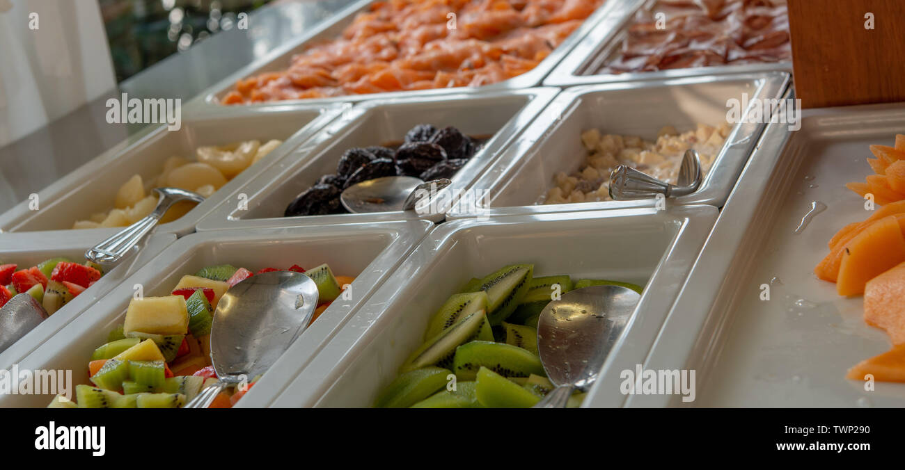 Buffet table for breakfast at the hotel Stock Photo - Alamy