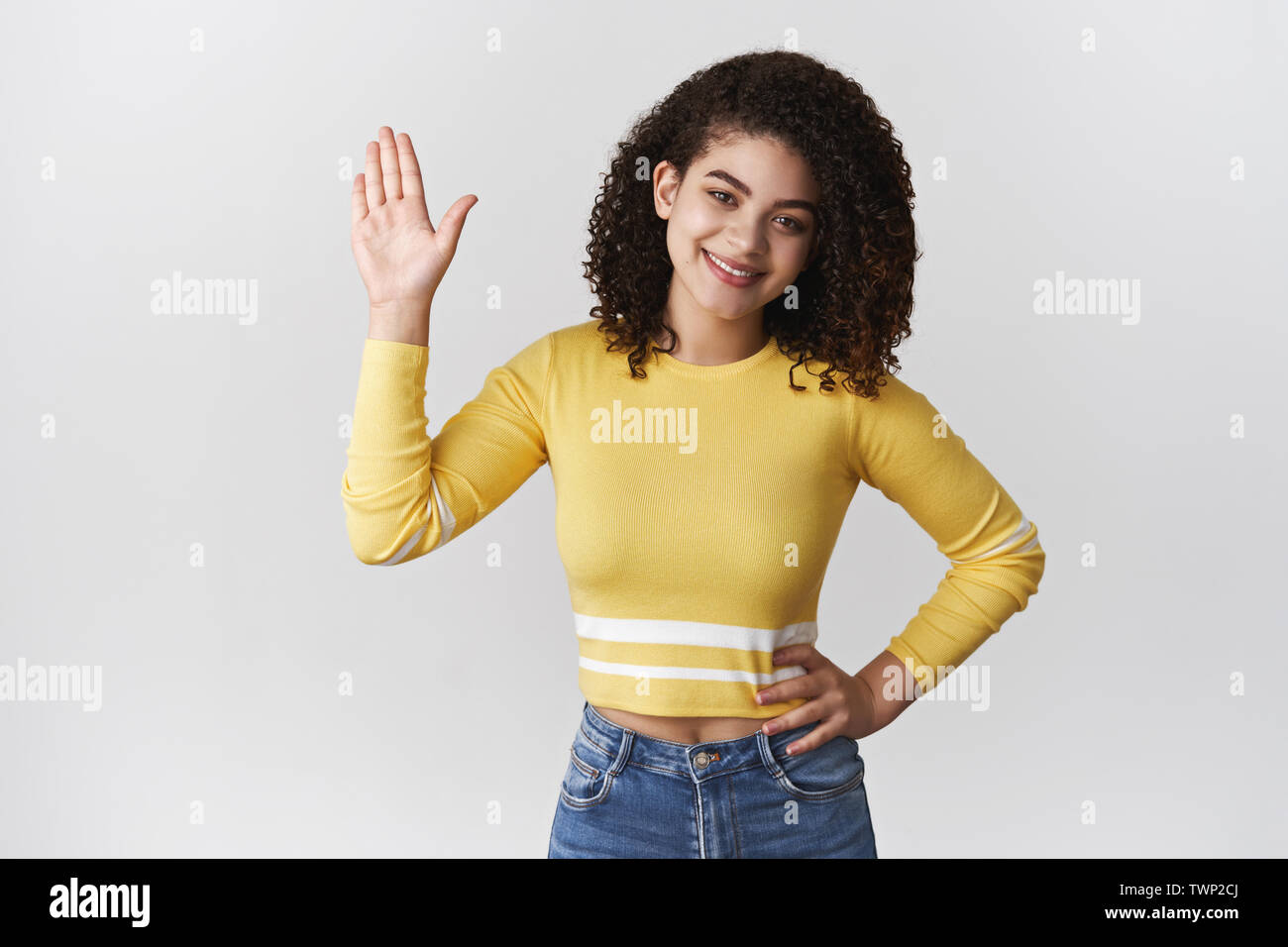 Hello give high five nice job. Charming friendly-looking smiling ...