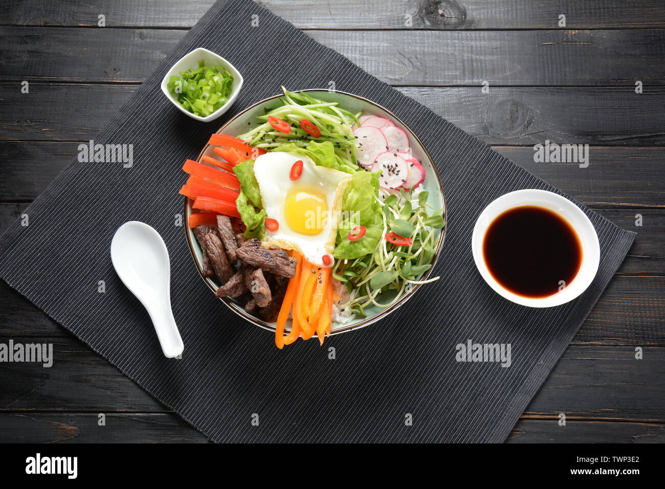 Bibimbub. Bibimbab.Fried egg beef and vegetables. Homemade traditional ...