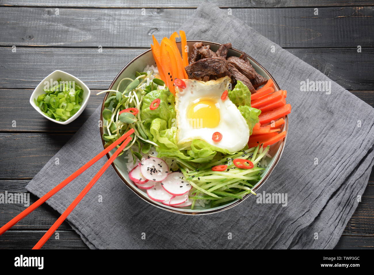 Bibimbub. Bibimbab.Fried egg beef and vegetables. Homemade traditional ...