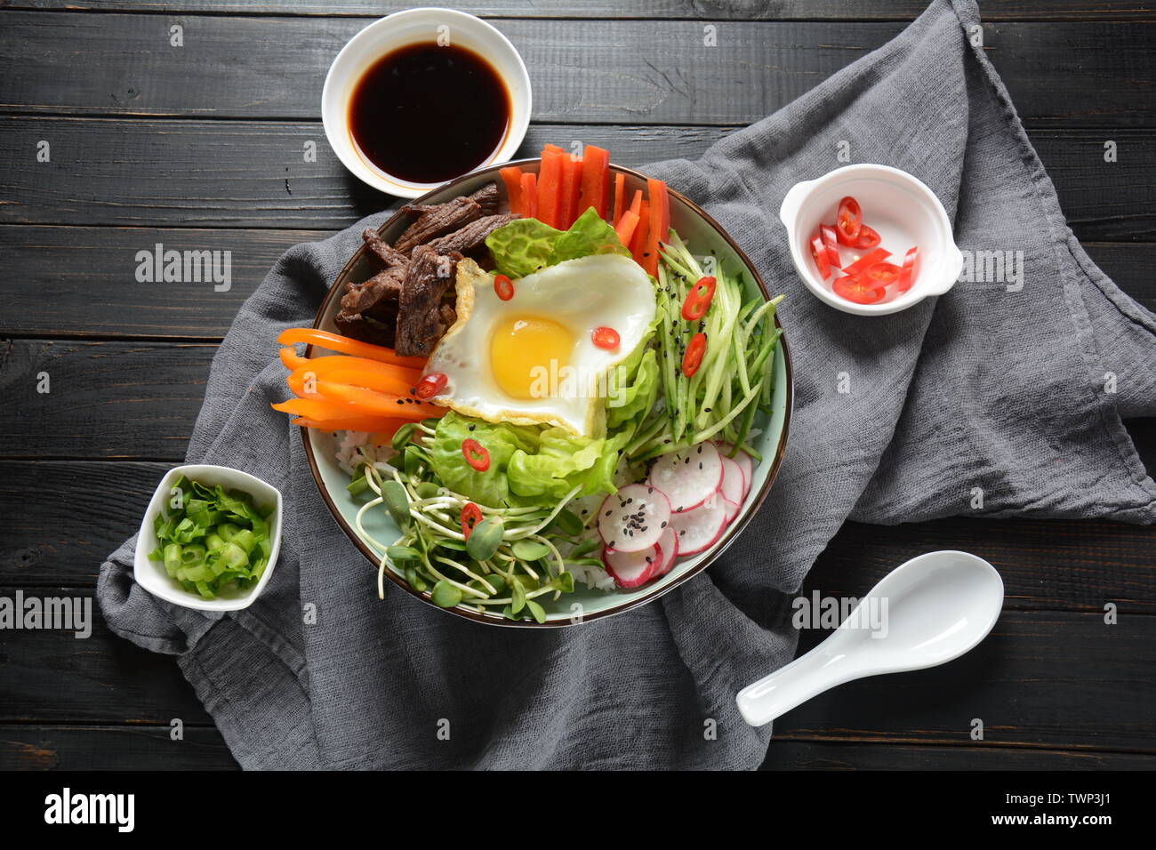 Bibimbub. Bibimbab.Fried egg beef and vegetables. Homemade traditional ...