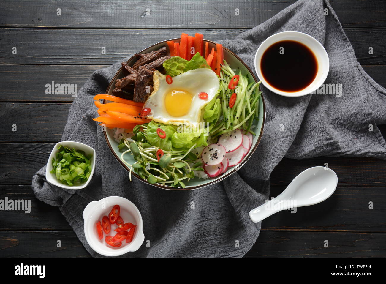 Bibimbub. Bibimbab.Fried egg beef and vegetables. Homemade traditional ...