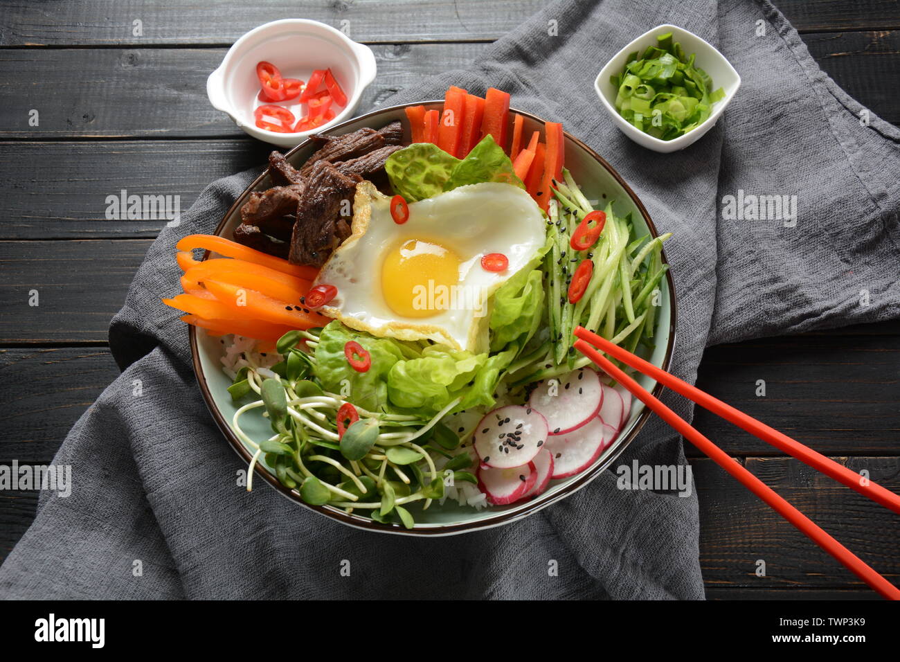 Bibimbub. Bibimbab.Fried egg beef and vegetables. Homemade traditional ...