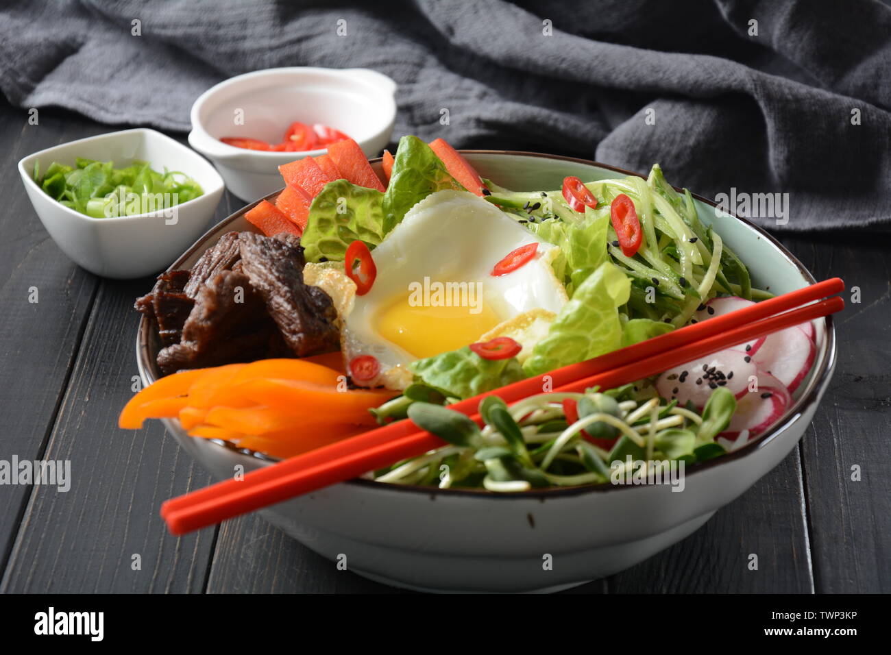 Bibimbub. Bibimbab.Fried egg beef and vegetables. Homemade traditional ...