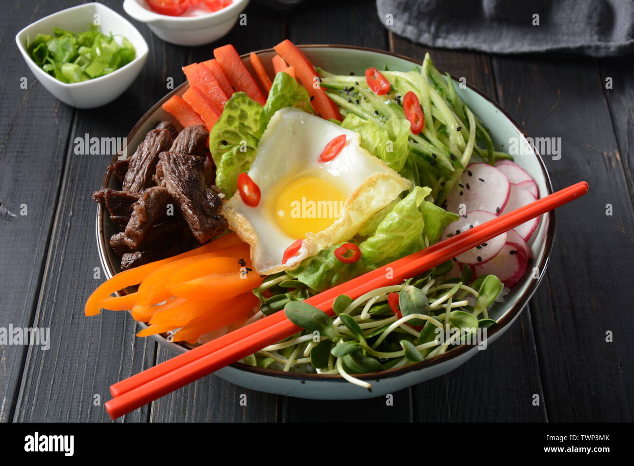 Bibimbub. Bibimbab.Fried egg beef and vegetables. Homemade traditional ...