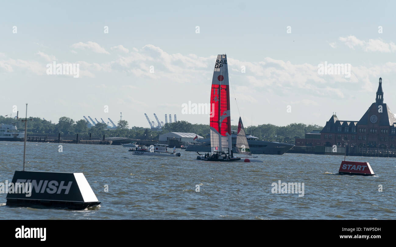 New York, United States. 21st June, 2019. SailGP Team Japan sails their ...