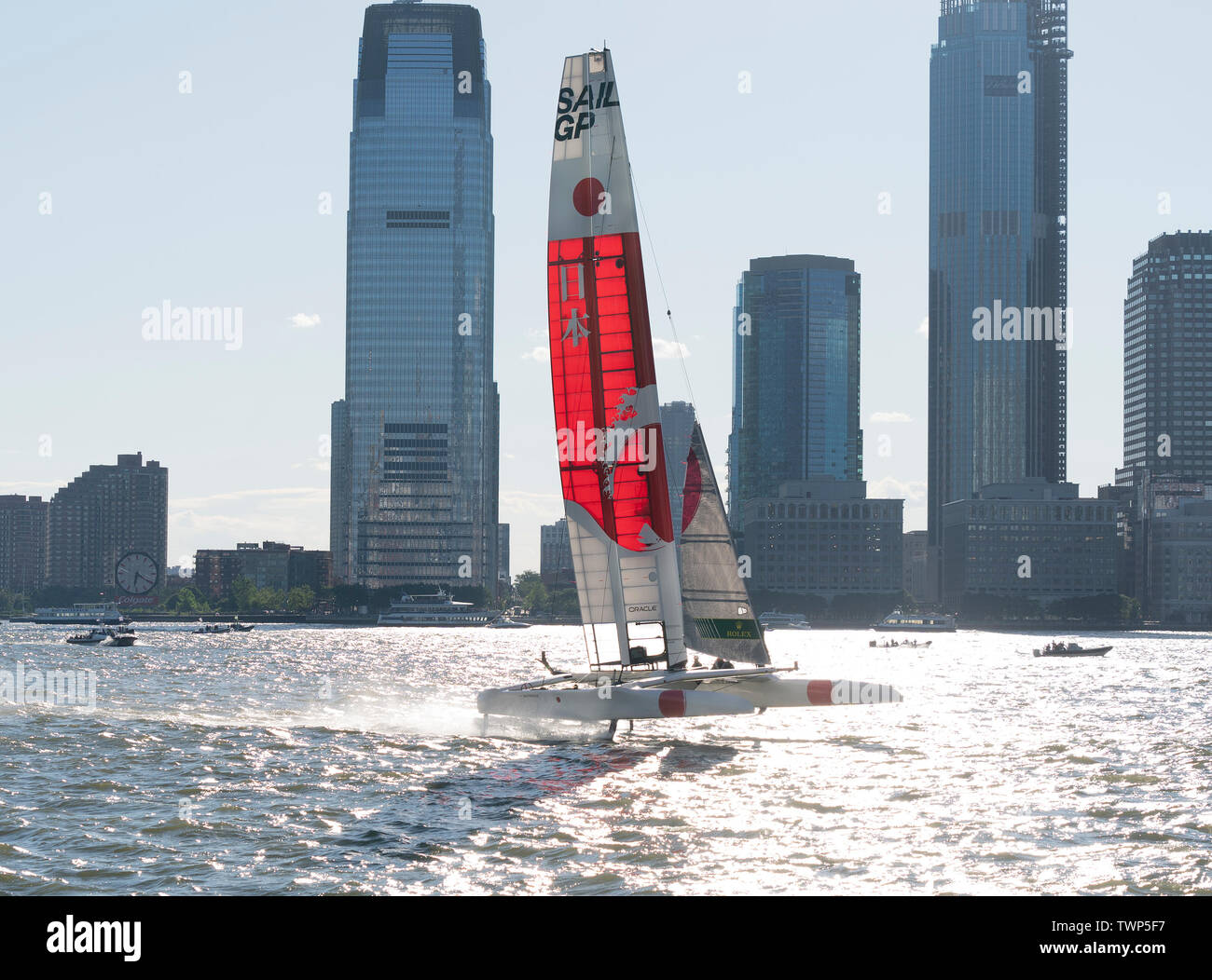 New York, United States. 21st June, 2019. SailGP Team Japan sails their ...