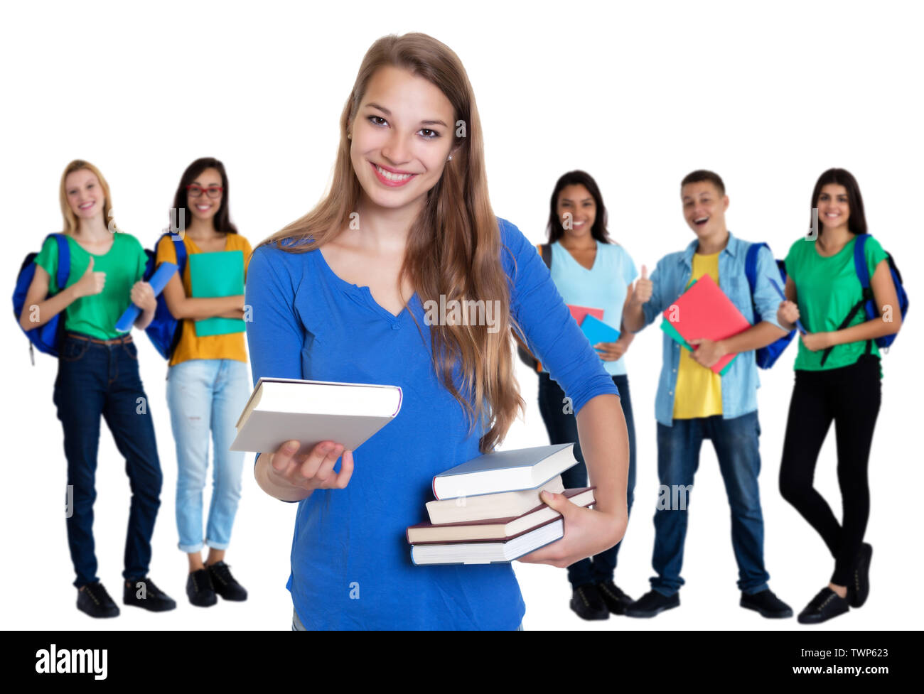 Beautiful german female student with books and group of students on an ...