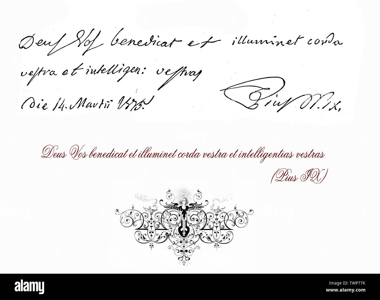 Handwritten card in latin language with the blessing of Pope Pius IX ...