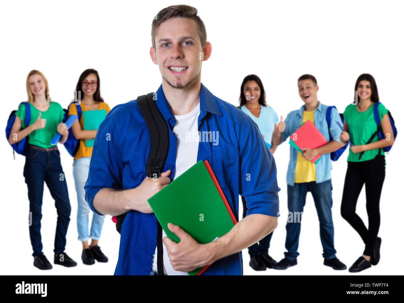 German male student with paperwork and group of students on an isolated ...