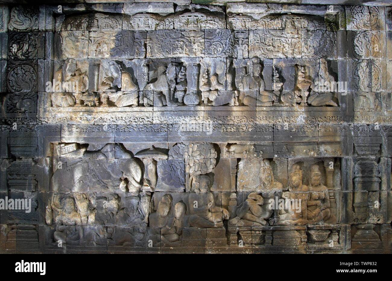 The details of carved wall in Borobudur. Borobudur is a 9th-century ...