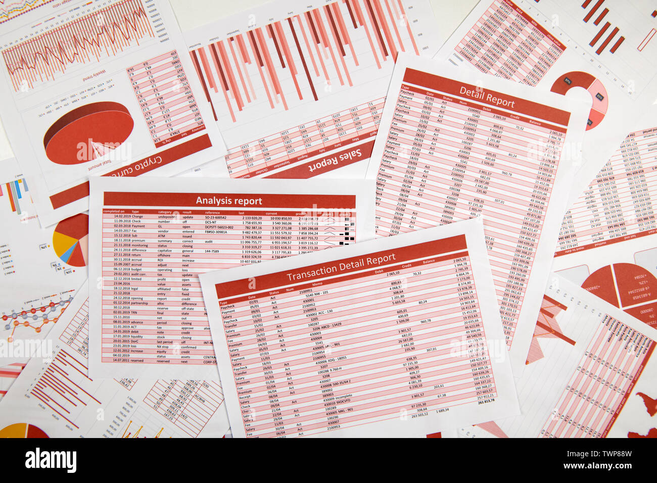 Business reports, data tables and charts - directly above view of ...