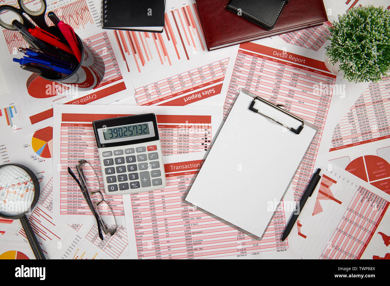 Business reports, blank paper sheet, data tables and charts - directly ...