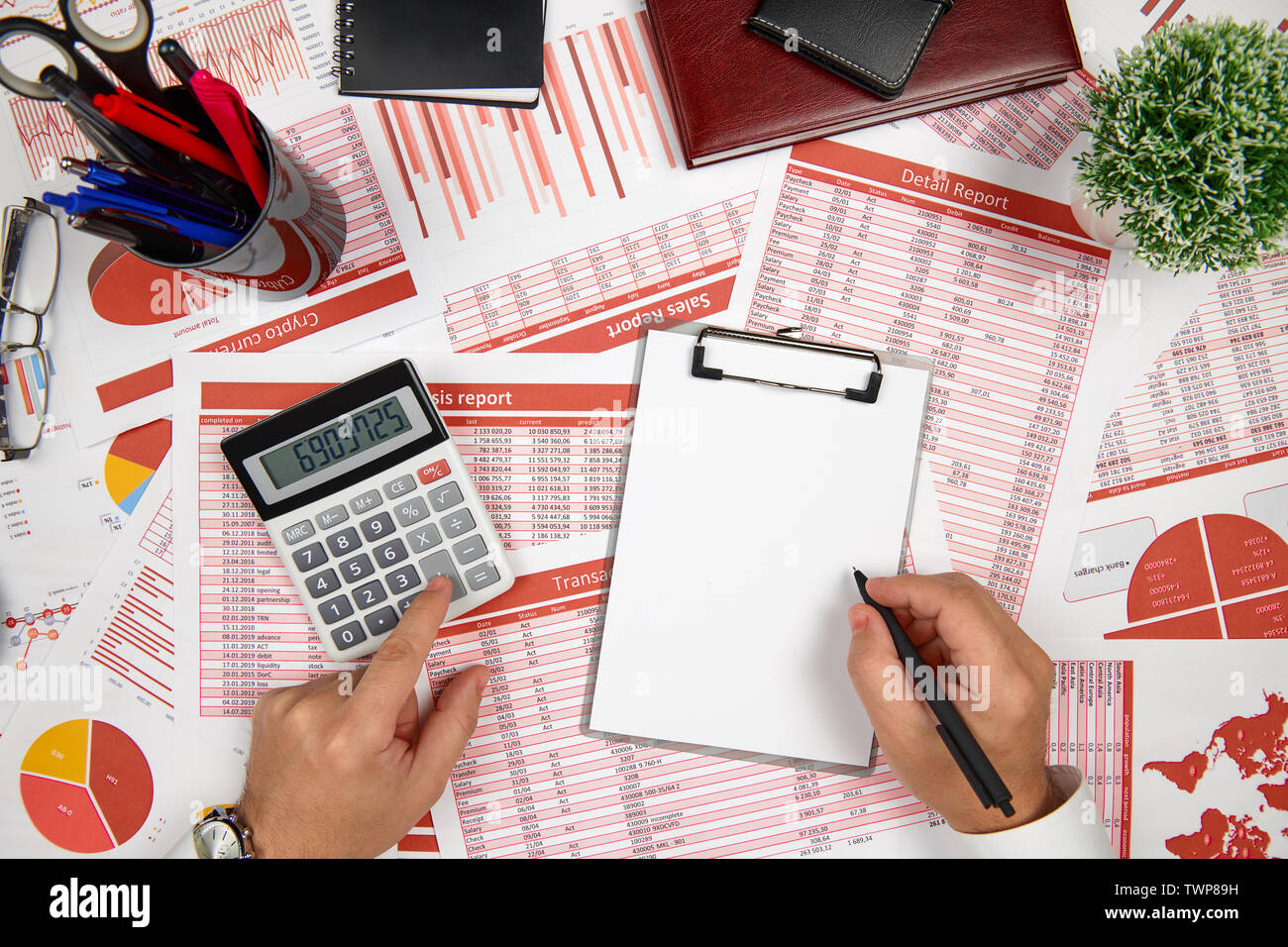 Business reports, blank paper sheet, data tables and charts - directly ...
