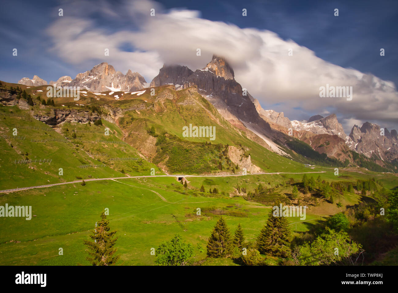 Summer evening Dolomite mountain peak in Passo di Rolle, Italy ...