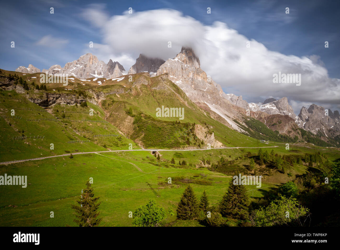 Summer evening Dolomite mountain peak in Passo di Rolle, Italy ...
