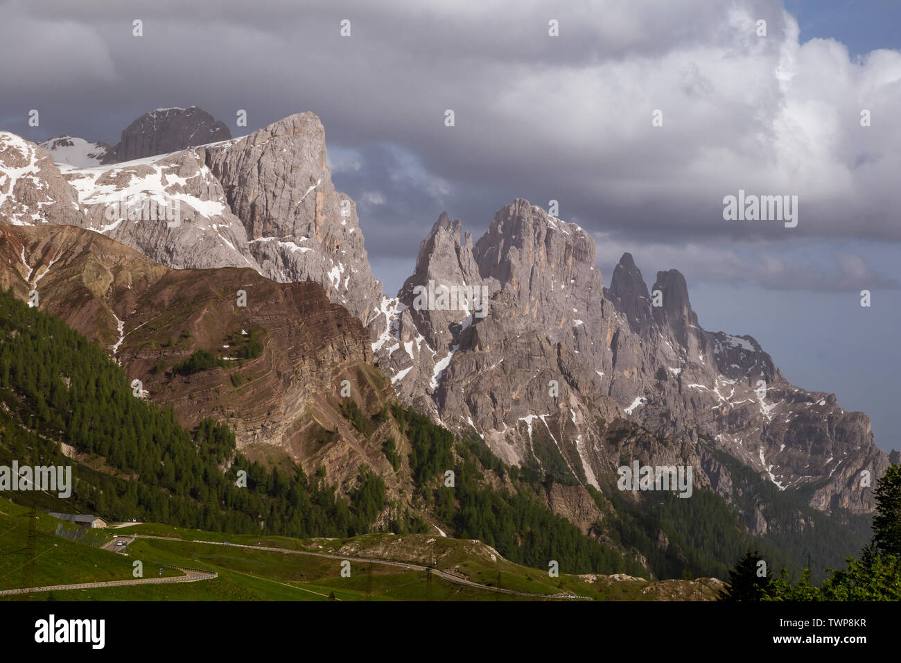 Summer evening Dolomite mountain peak in Passo di Rolle, Italy ...