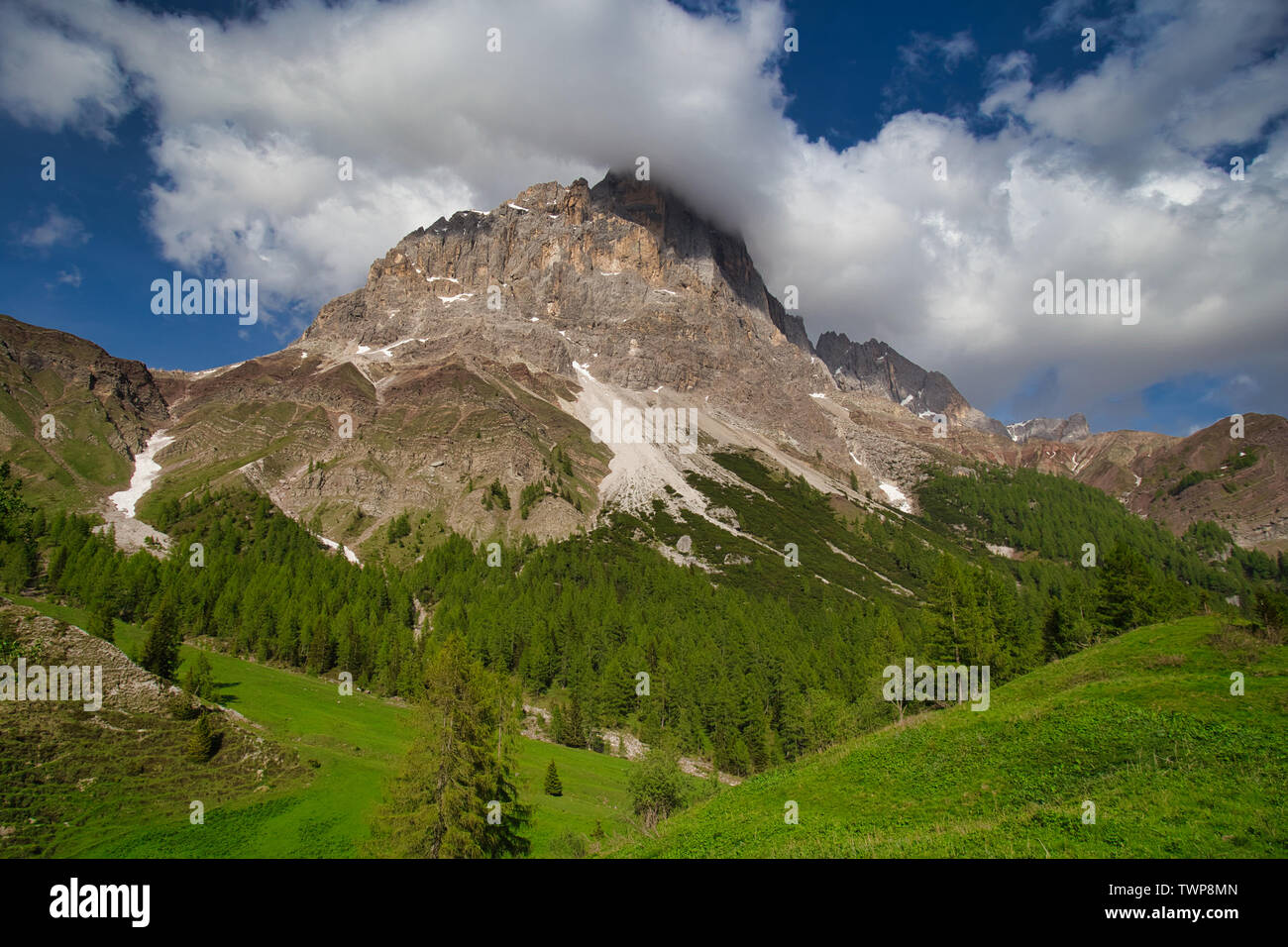 Summer evening Dolomite mountain peak in Passo di Rolle, Italy ...