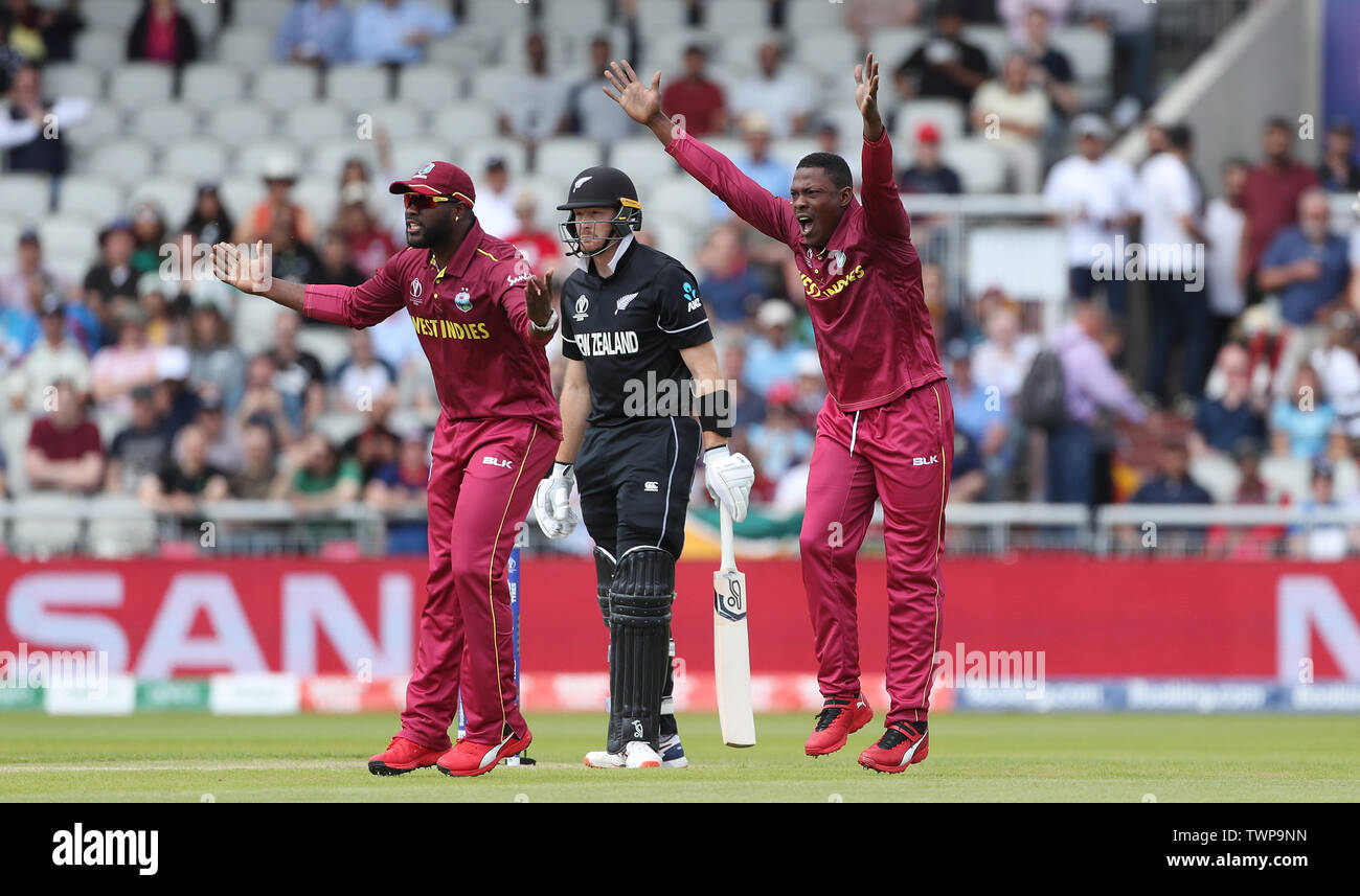 West Indies Sheldon Cottrell appeals for the wicket of New Zealand's ...