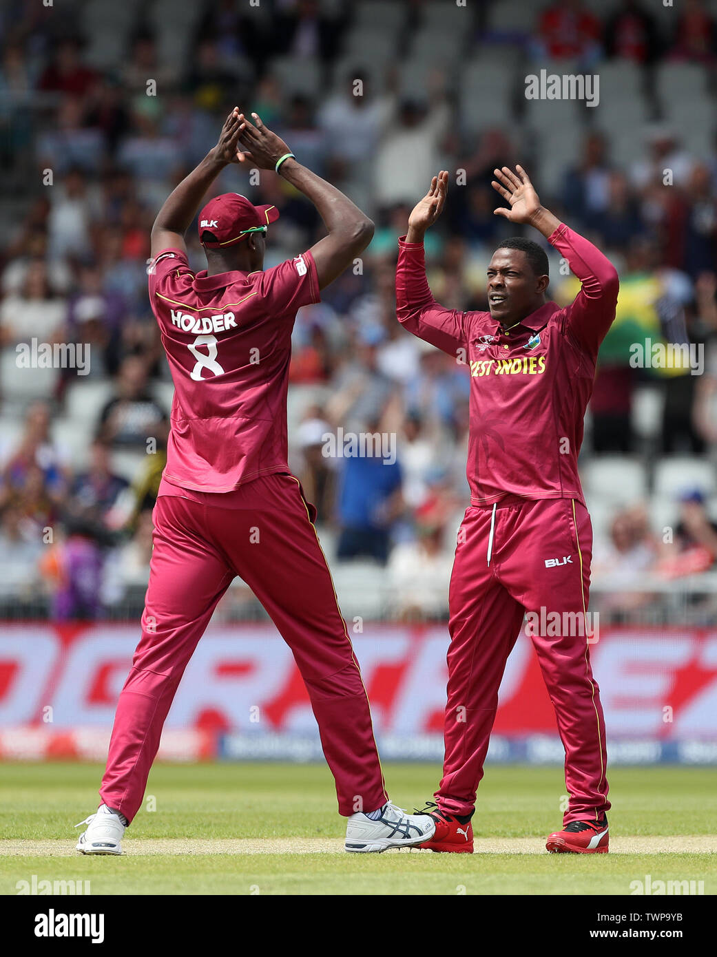 West Indies Sheldon Cottrell celebrates taking the wicket of New ...