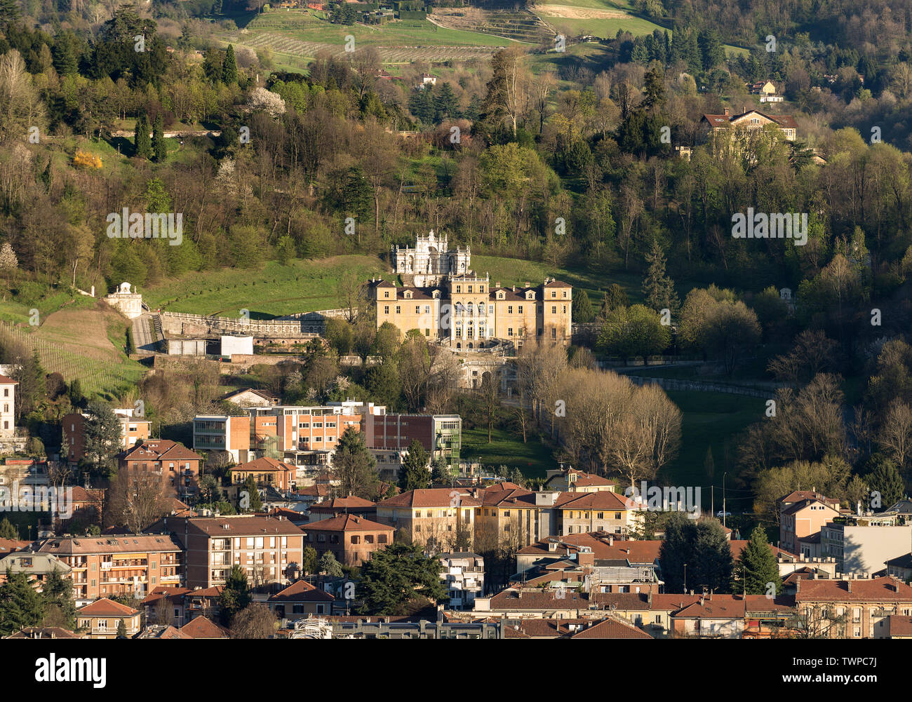 Aerial view of the Villa della Regina (Villa of the queen) with the ...