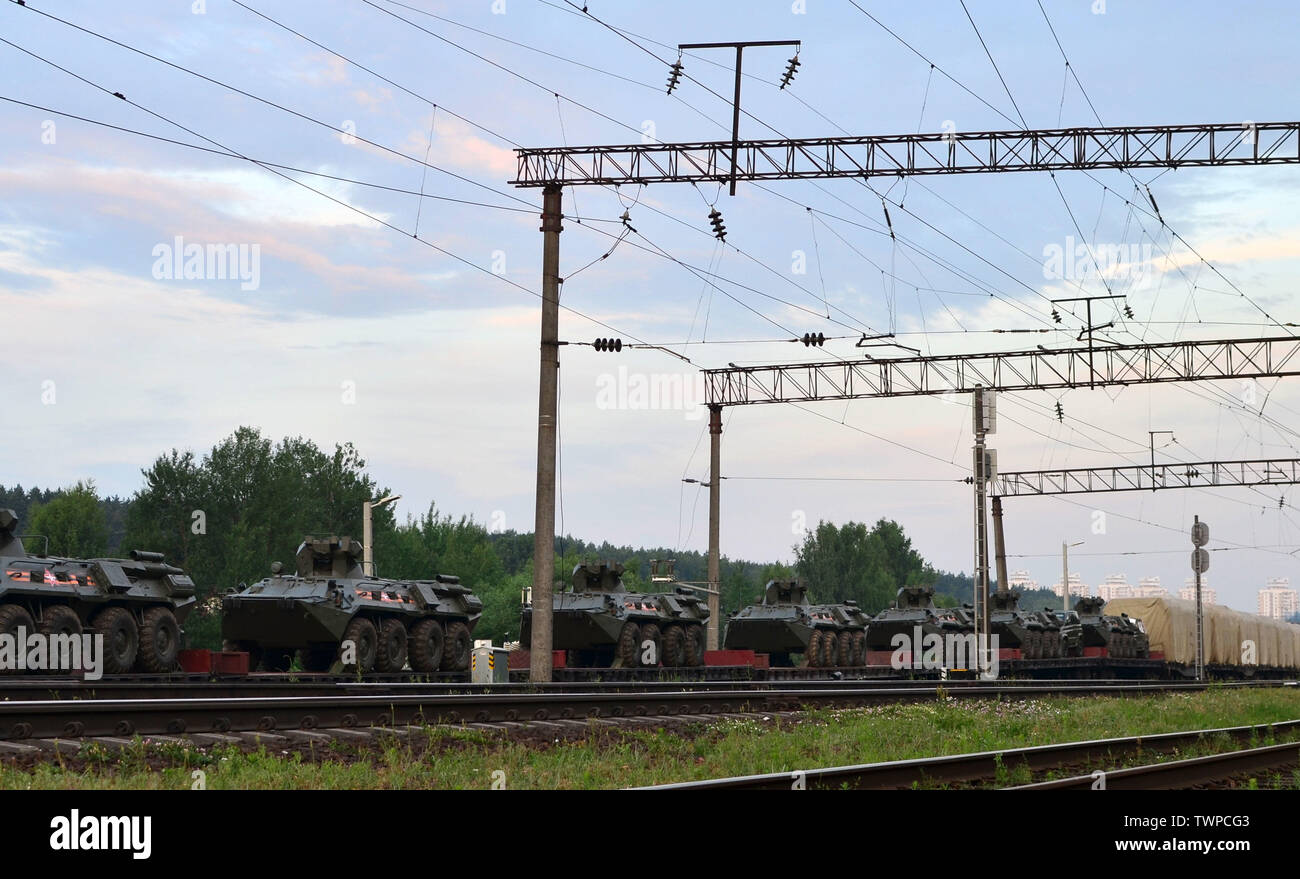 MINSK, BELARUS - JUNE 21, 2019: Rail cars with of the Russian 300 ...