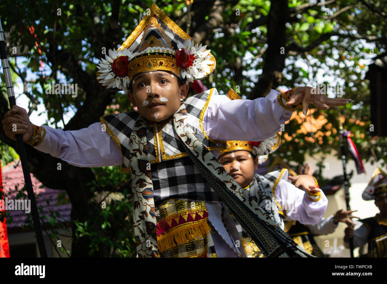 DENPASAR.BALI/INDONESIA-MAY 11 2019: Some young Balinese men perform of ...