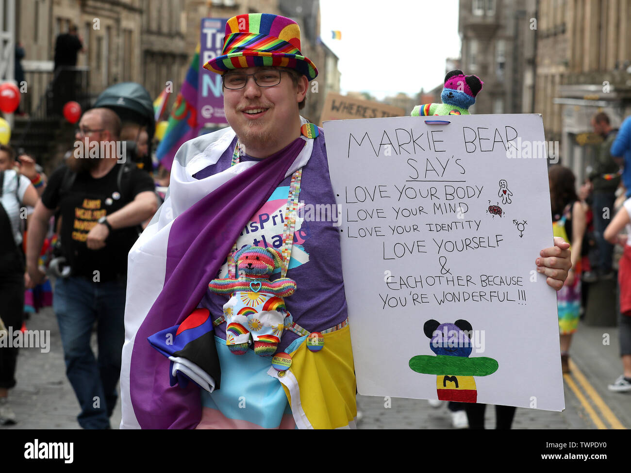 Pride marchers at a rally outside the Scottish Parliament in Edinburgh ...